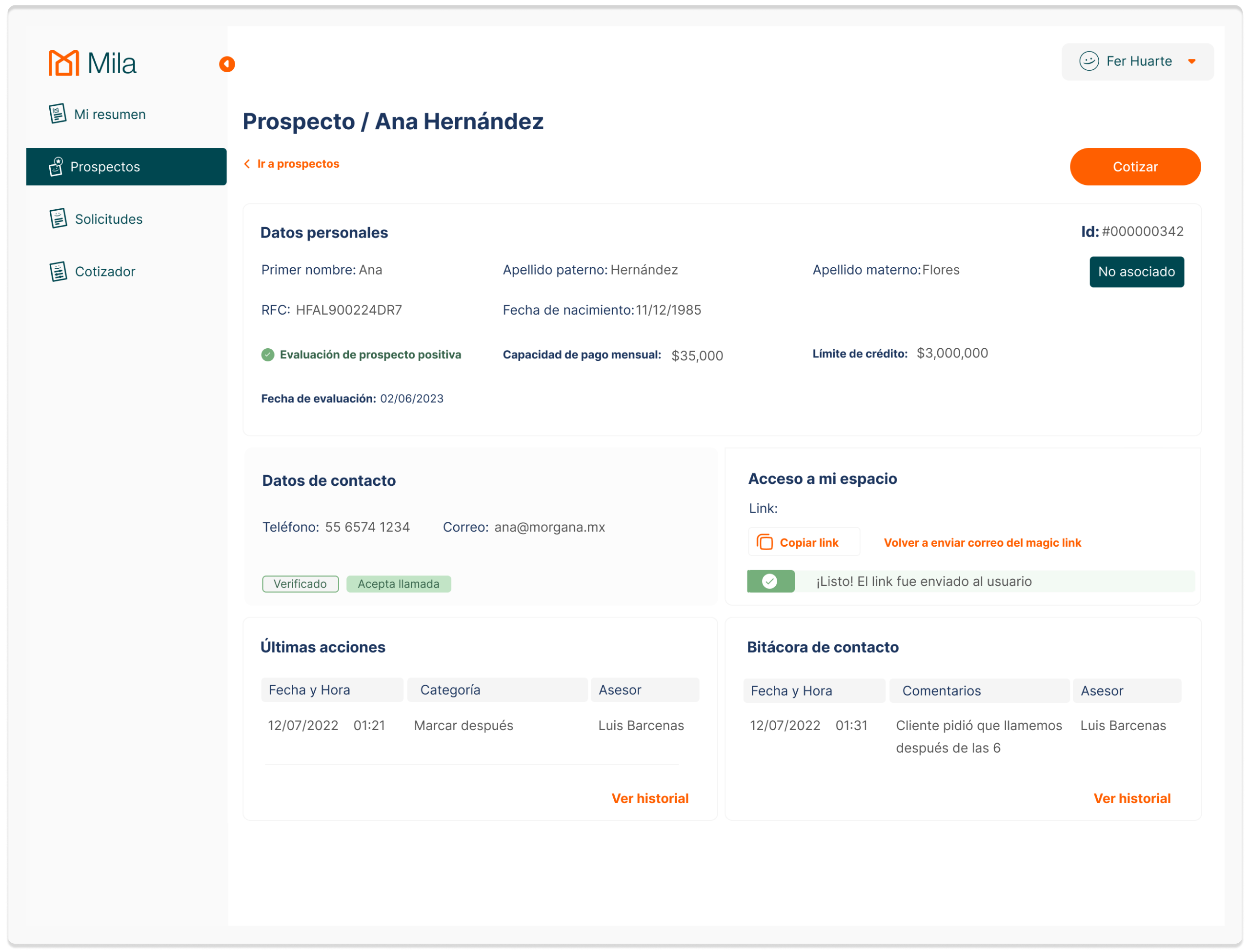 Portafolio de diseño de producto para Mila, CRM para los aliados de morgana
